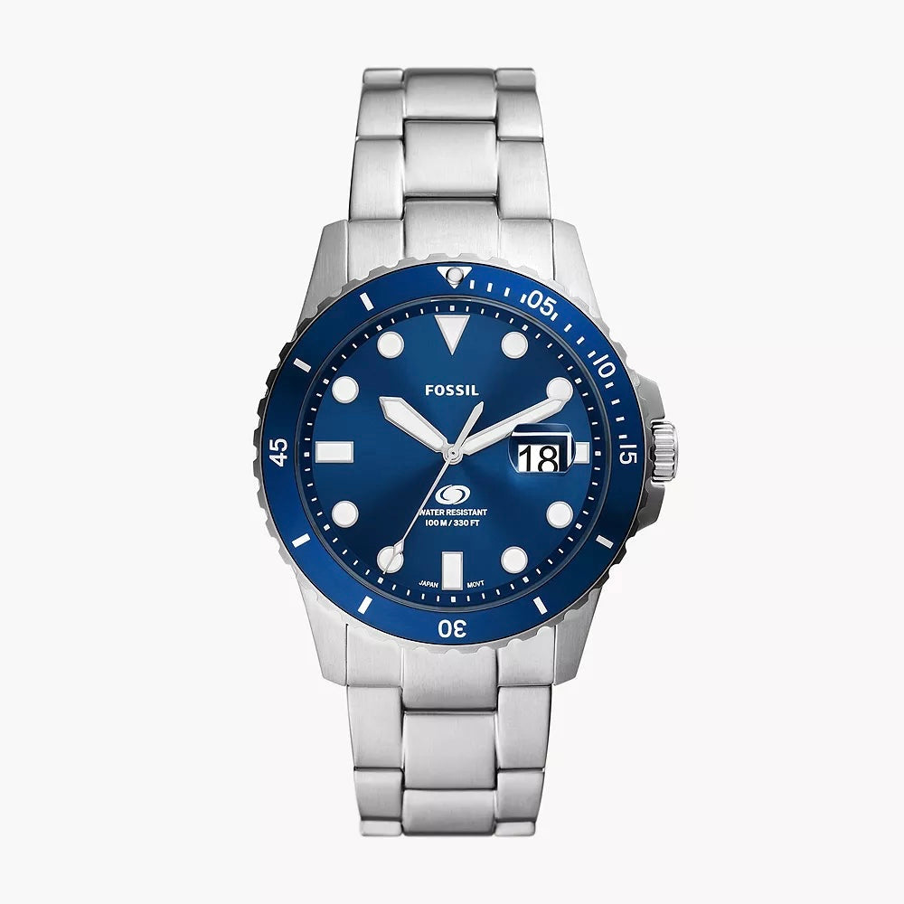 Fossil Blue Dive Three-Hand Date Blue Face Stainless Steel Watch ...