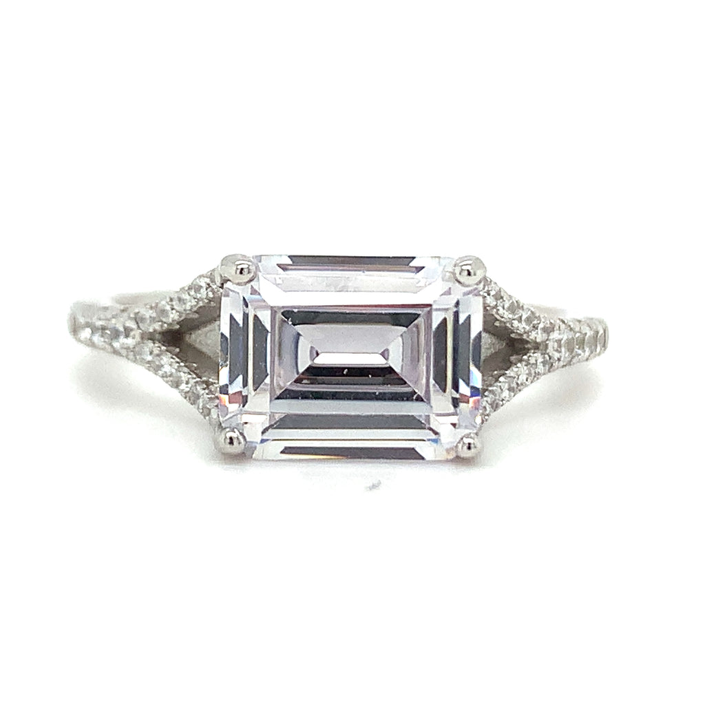 Sterling Silver Horizontal Emerald Cut Cz with Split Shank Shoulders ...